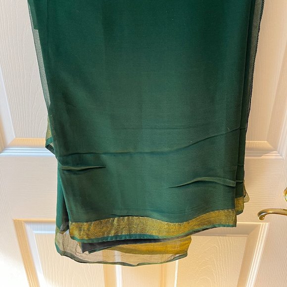 Sarees | Dark Green Chiffon Saree With Gold Border | Poshmark
